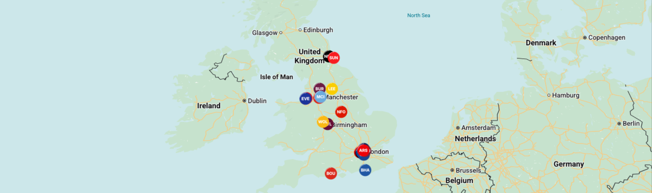 English Premier League Map of Teams 2025/26